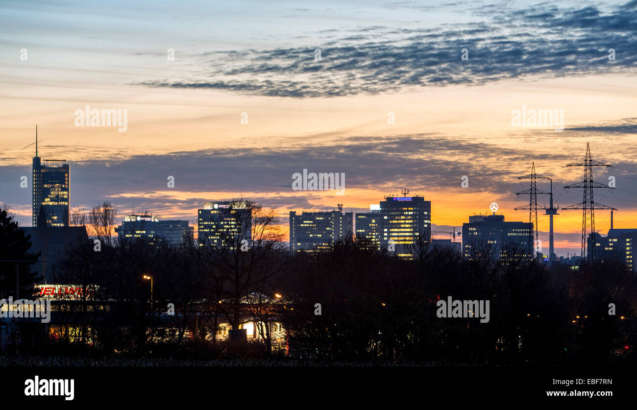 Skyline of the city of Essen at sunset, city center, business district ...