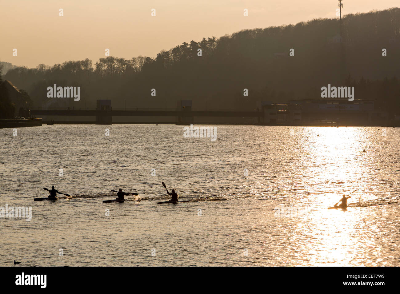 Sunset over the Baldeneysee Essen, Ruhr an artificial lake, the shores ...