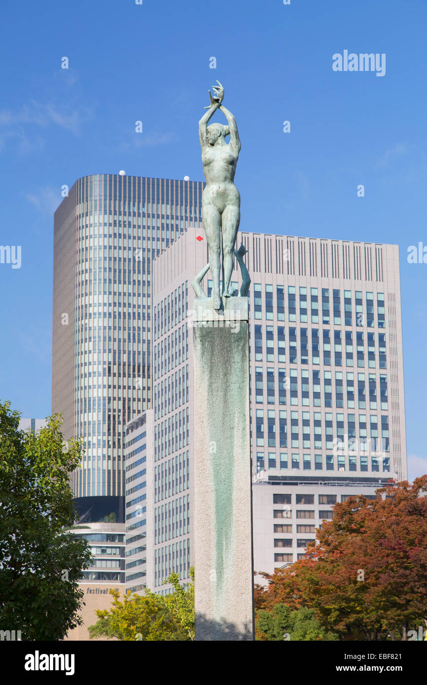 Skyscrapers and statue on Naganoshima island, Osaka, Kansai, Japan ...
