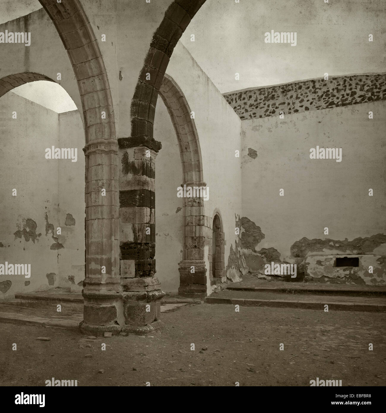 textured old paper background with old church in Fuerteventura Stock ...