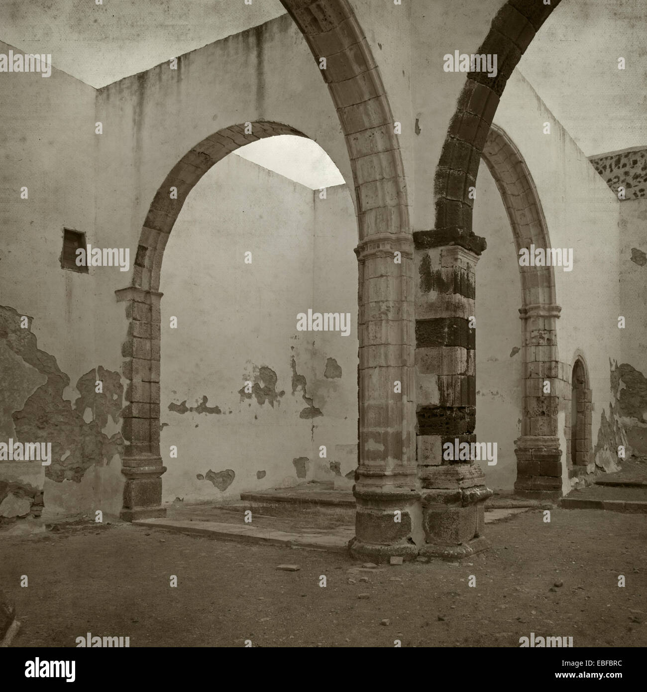 textured old paper background with old church in Fuerteventura Stock ...