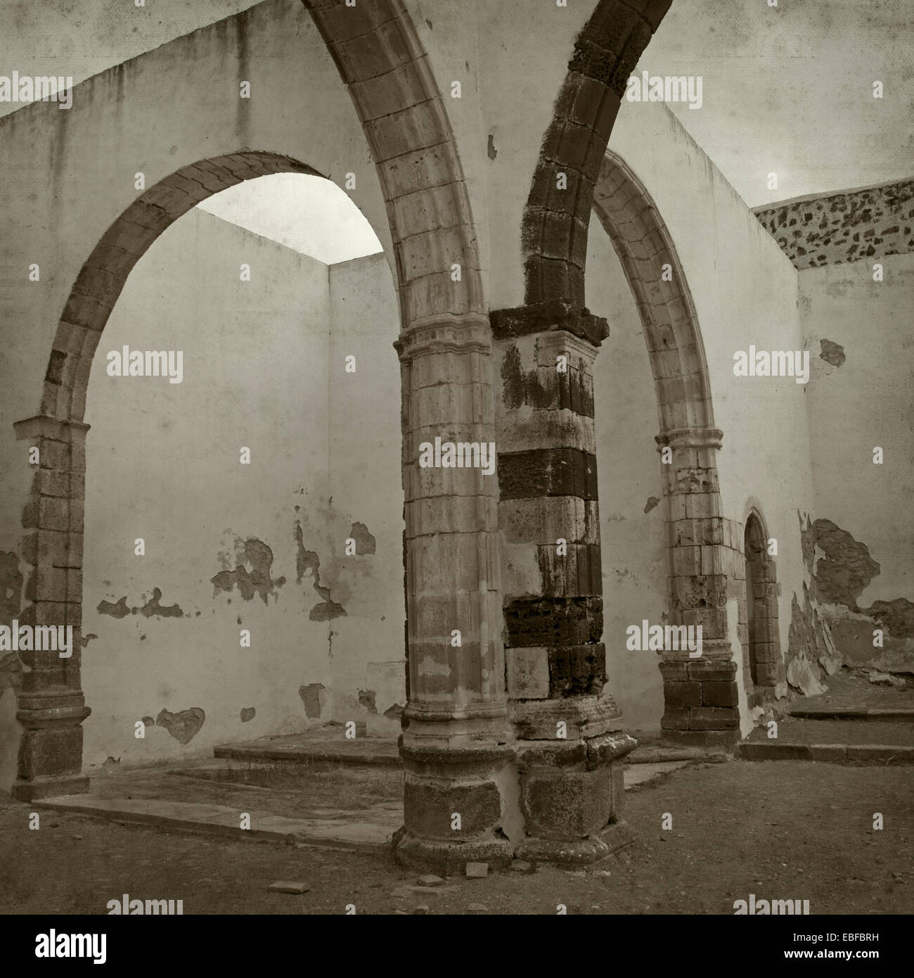 textured old paper background with old church in Fuerteventura Stock ...