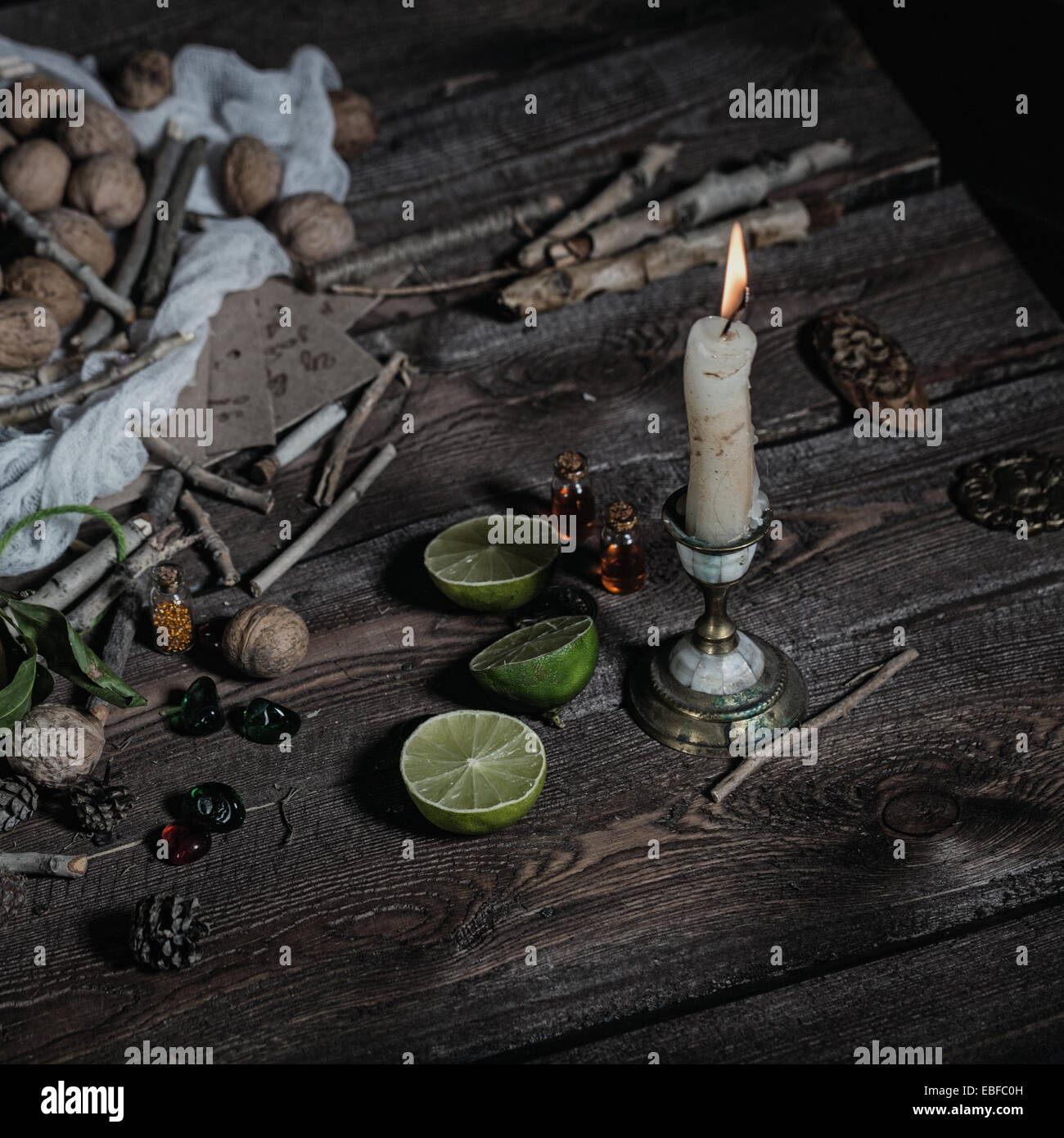 Still life of ingredients for making potions witch. Nuts, sticks ...