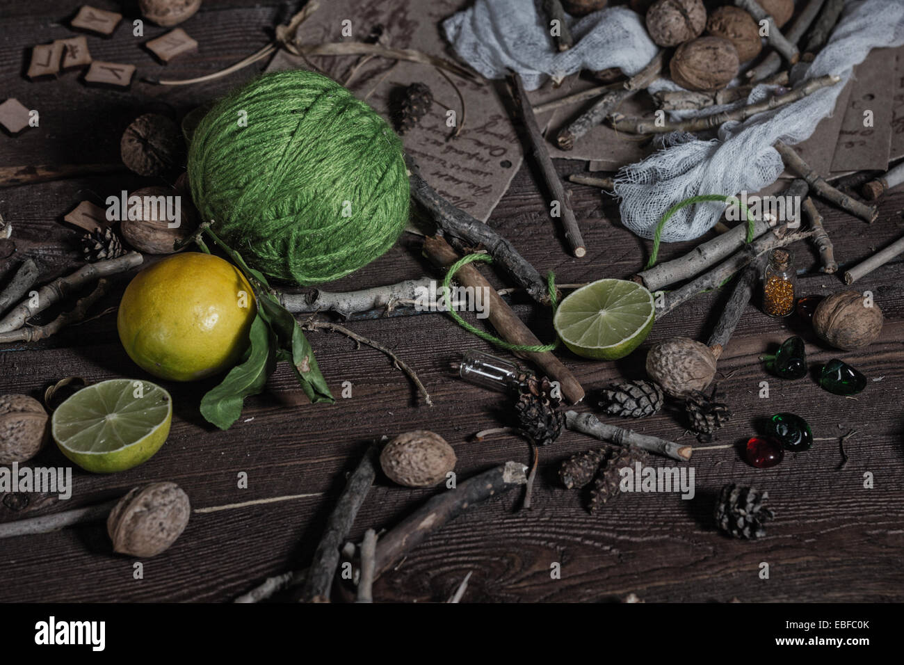 Still life of ingredients for making potions witch. Nuts, sticks ...