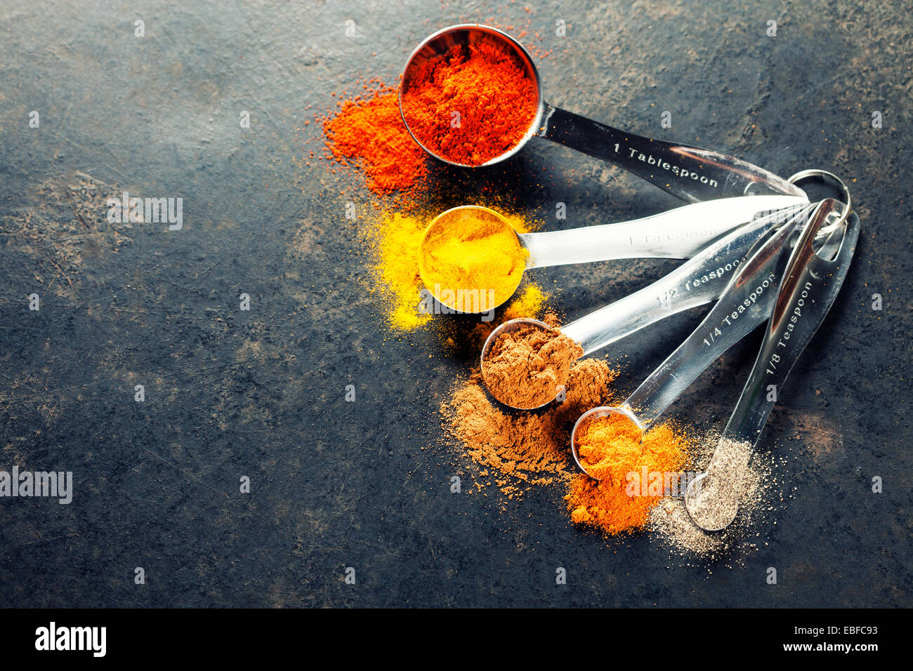 Colorful spices in metal spoons - beautiful kitchen image Stock Photo ...
