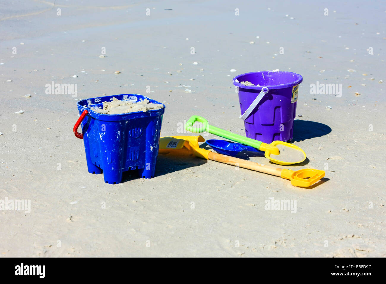 Childrens Blue buckets and yellow and green spades on Siesta Key beach ...