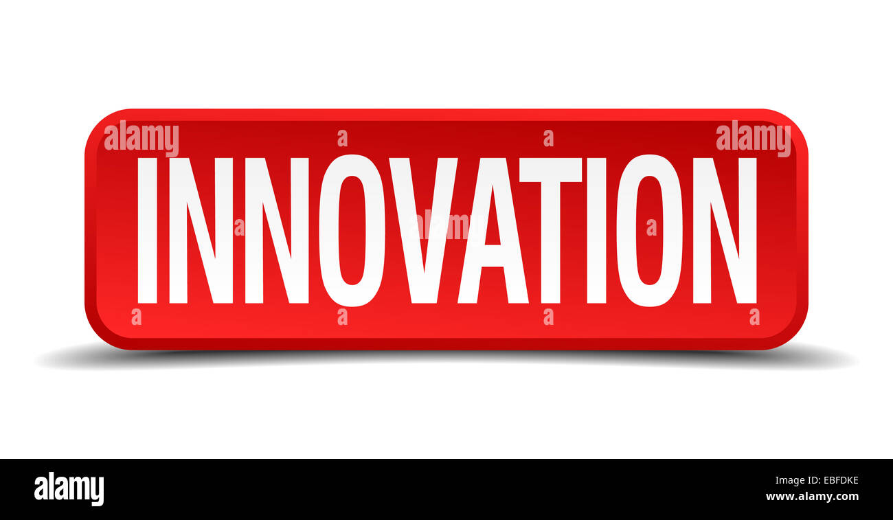 Innovation red 3d square button on white background Stock Photo - Alamy