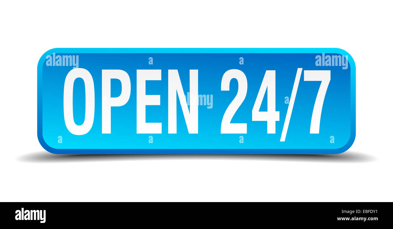 Open 24 7 blue 3d realistic square isolated button Stock Photo - Alamy