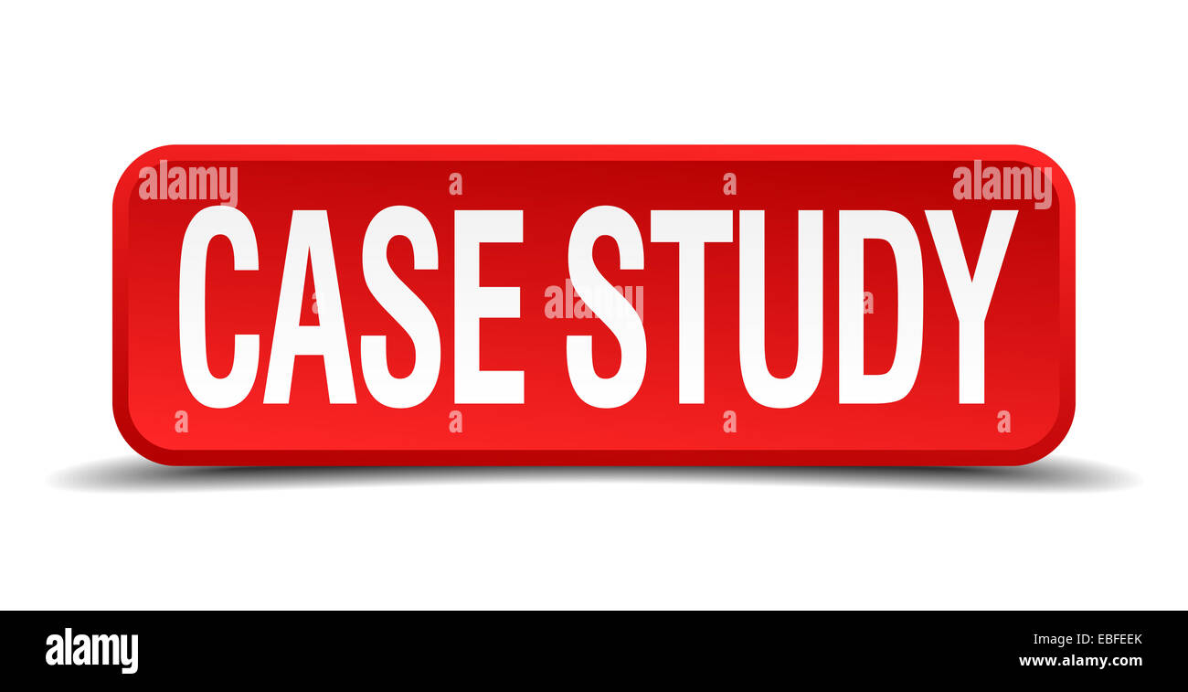 case study red three-dimensional square button isolated on white ...