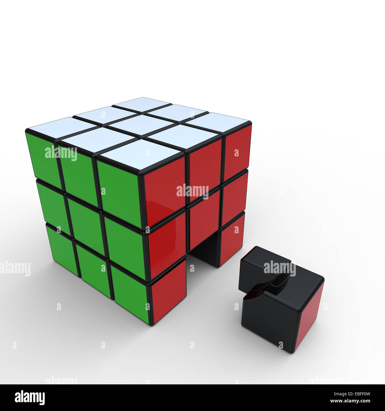 rubik's cube with red green and white faces and a piece missing on a ...