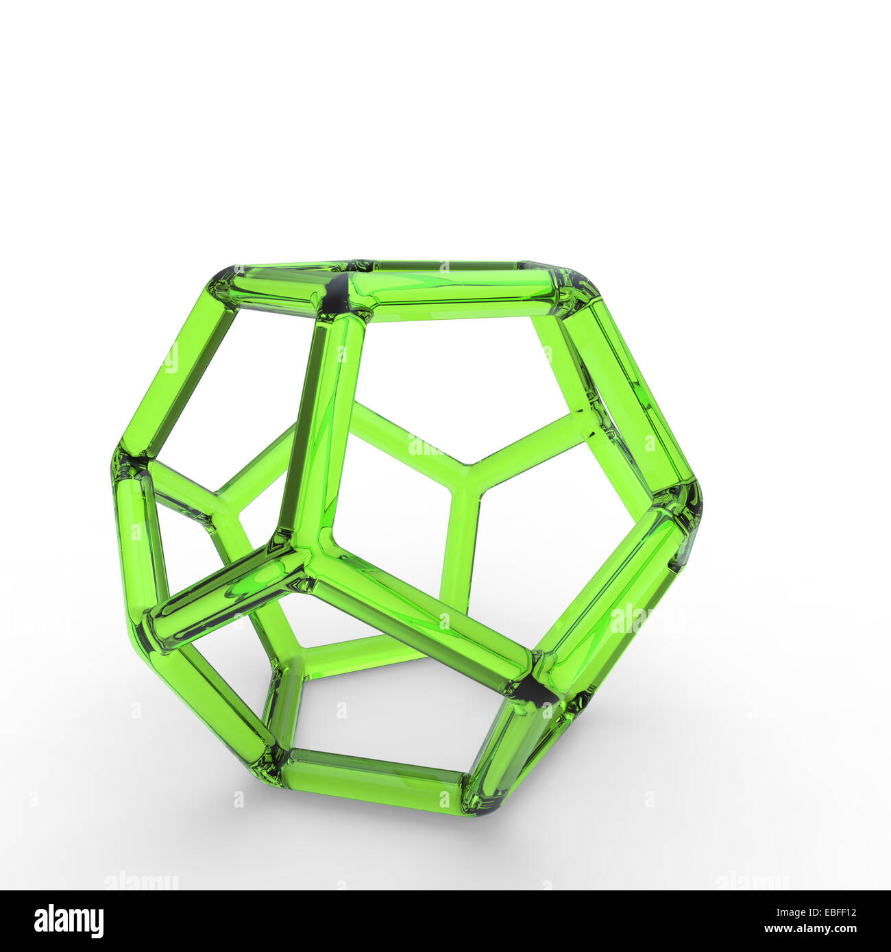 green plastic dodecahedron with transparent frame on white background ...