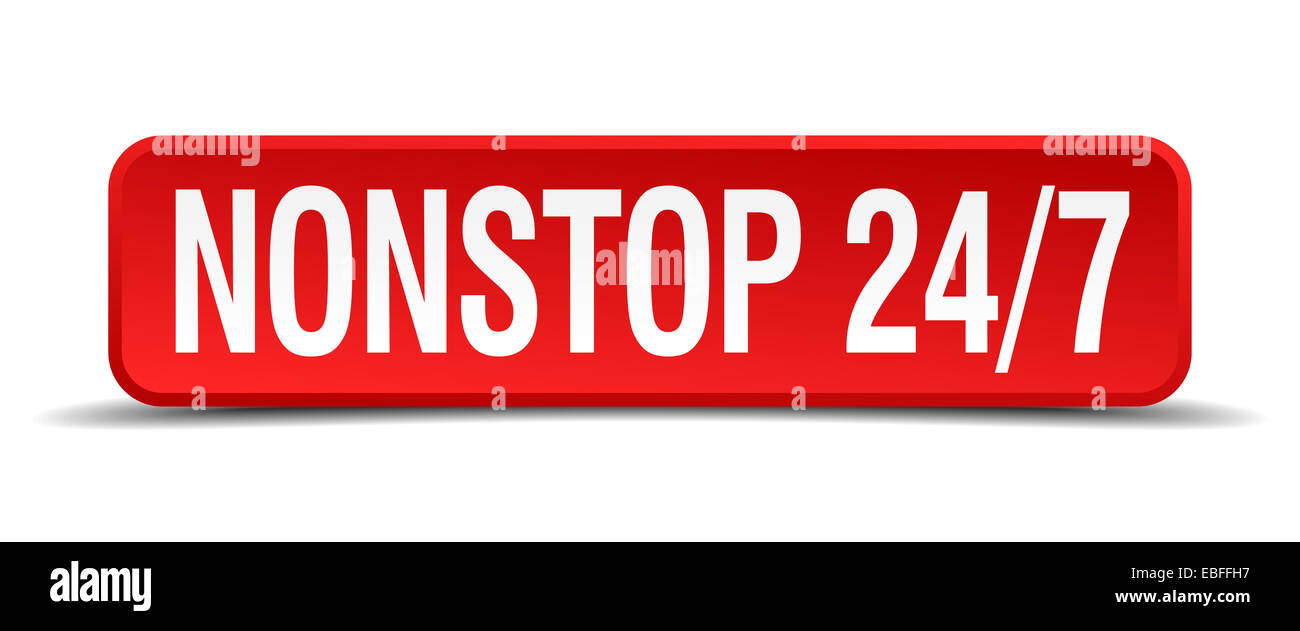 Nonstop 24 7 red 3d square button isolated on white Stock Photo - Alamy