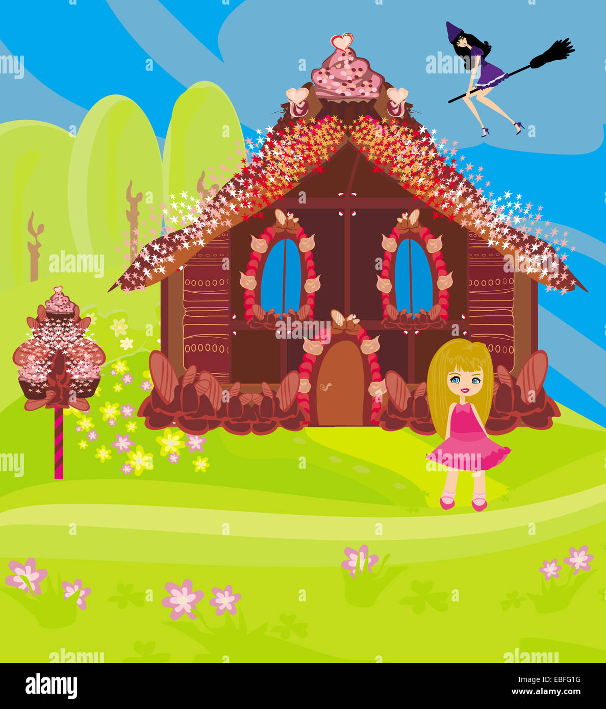 Gingerbread house and a witch on a broom Stock Photo - Alamy