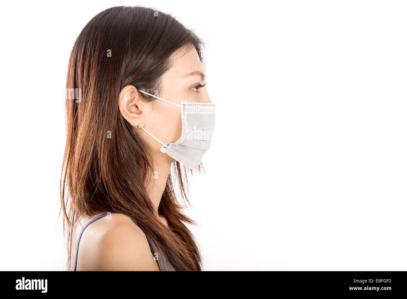 Chinese woman wearing surgical mask with white background, side profile ...