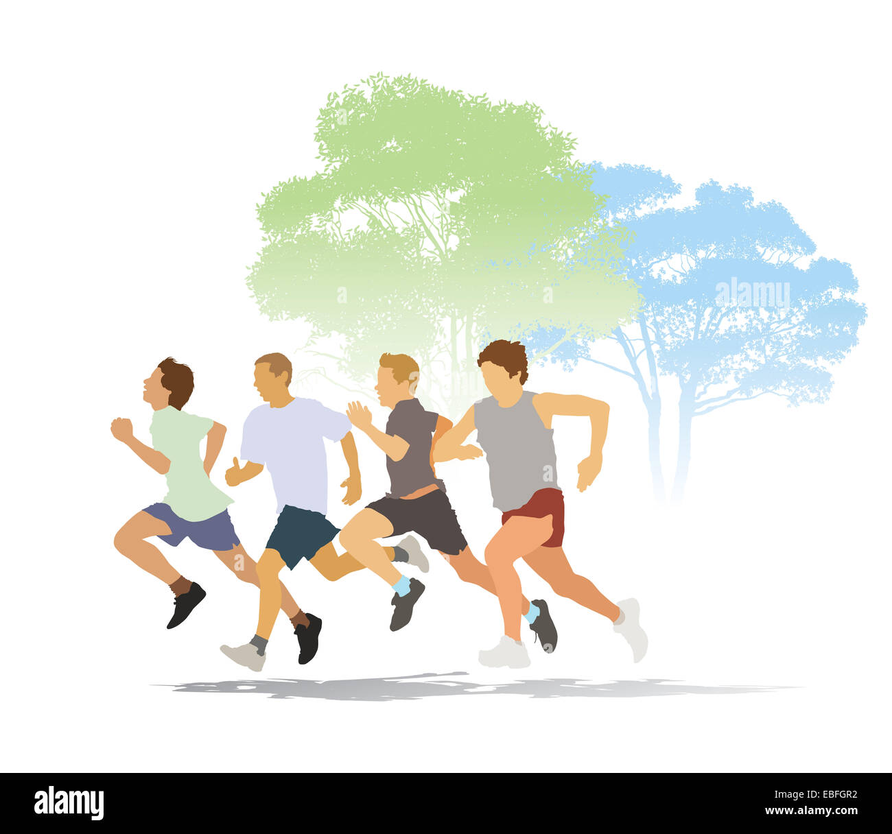 Group of four young men running in the race Stock Photo - Alamy