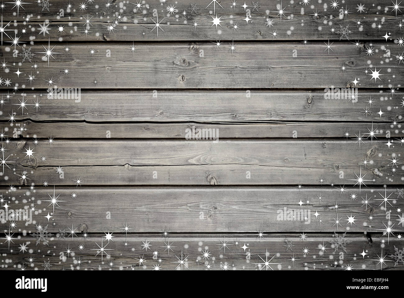 Wooden boards background with snow and stars Stock Photo - Alamy