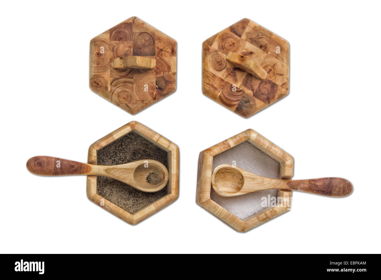 Two wooden condiment pots with spoons and lids Stock Photo - Alamy