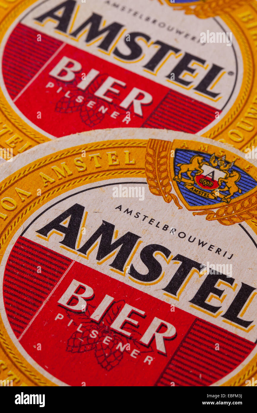 ENGLAND,LONDON - November 11, 2014:Beermats from Amstel beer.Amstel ...