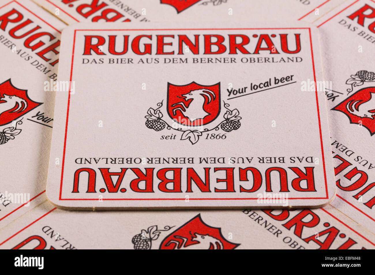 Switzerland, Zürich-June 3, 2014: Beermats from Rugenbräu AG beer - it ...