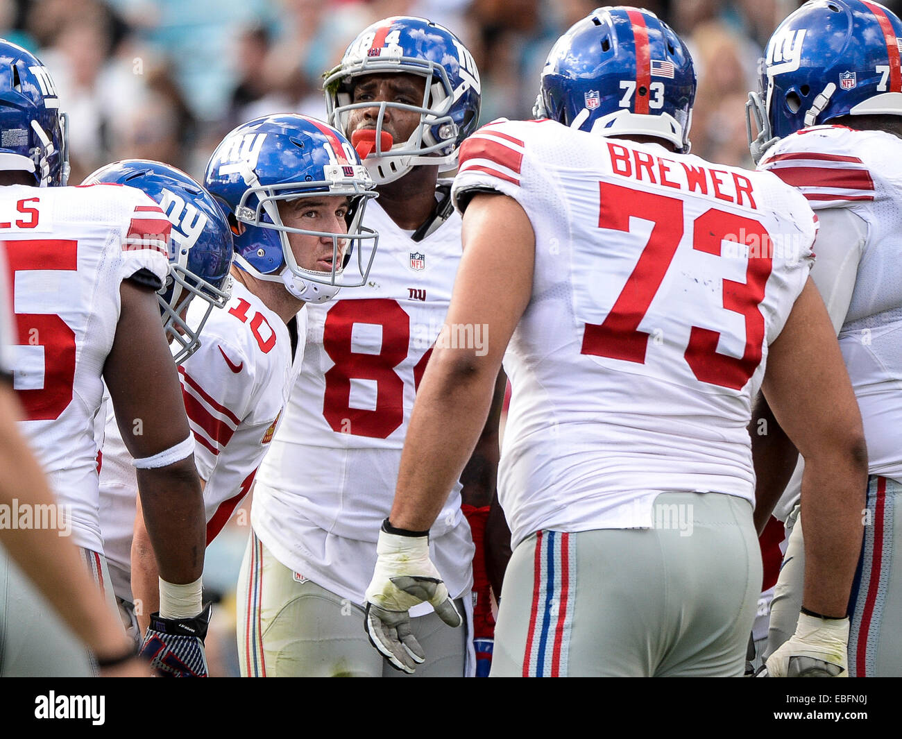 Jacksonville, FL, USA. 30th Nov, 2014. New York Giants quarterback Eli Manning (10) calls the ...