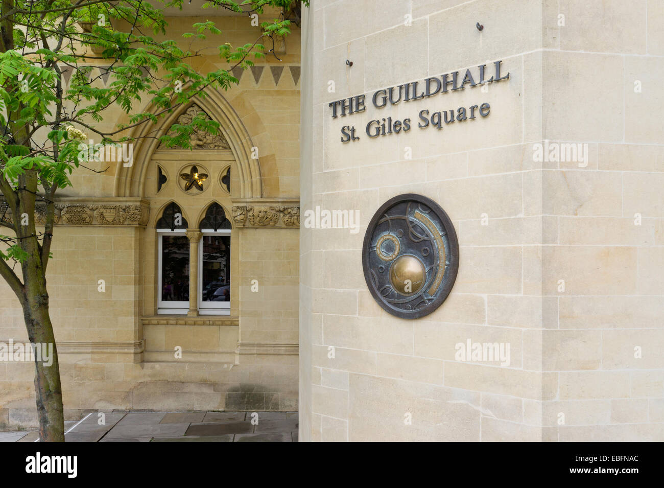 Sign for The Guildhall on St Giles Square, Northampton, UK; a Gothic ...
