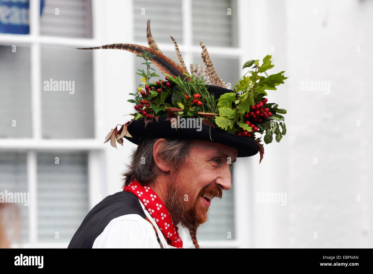 A folk dancer wearing his costume during a folk festival in Tenterden ...