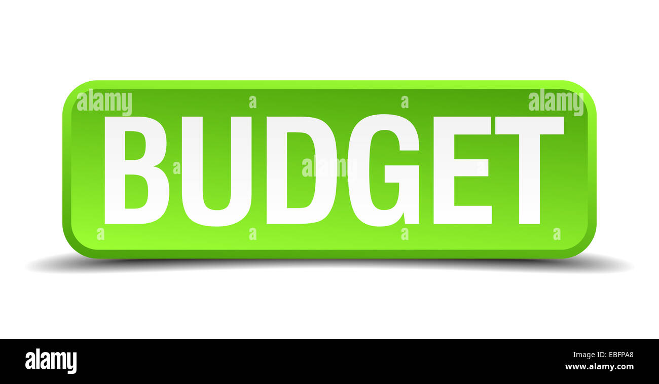 Budget green 3d realistic square isolated button Stock Photo - Alamy