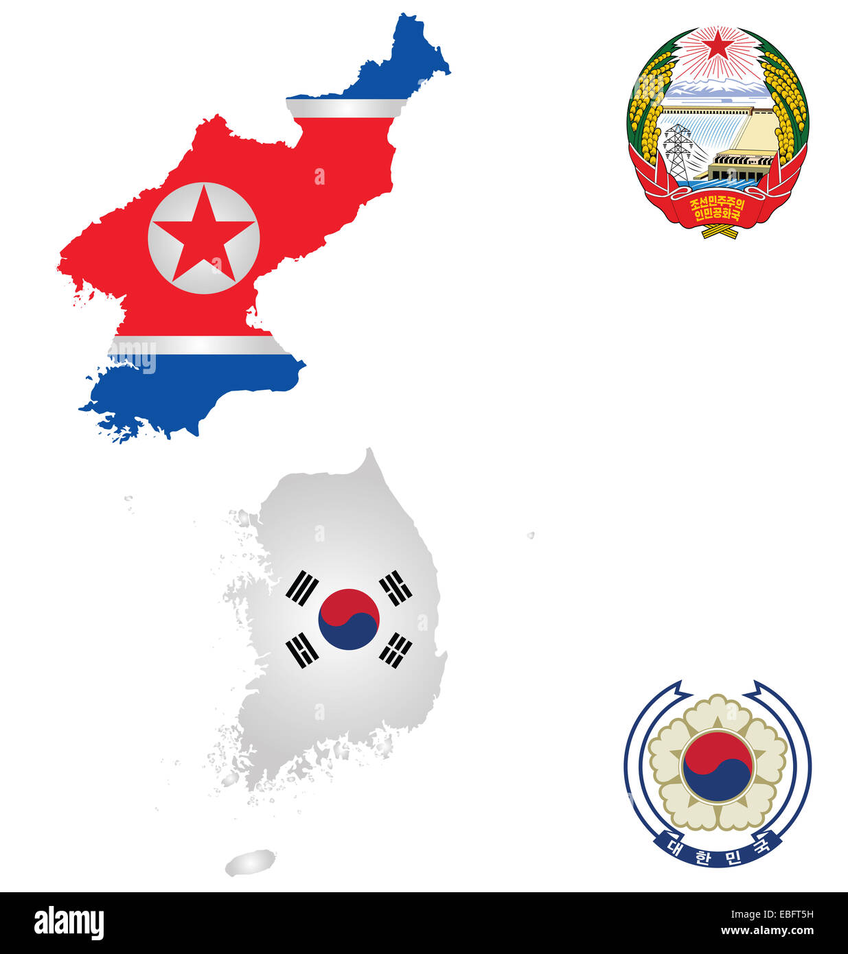 Flags and national emblems of the North and South Korea overlaid on ...