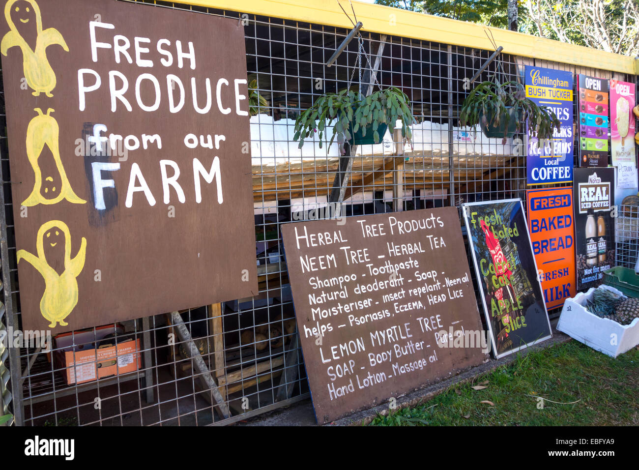 Signs on a roadside stall selling local and fresh produce Stock Photo ...