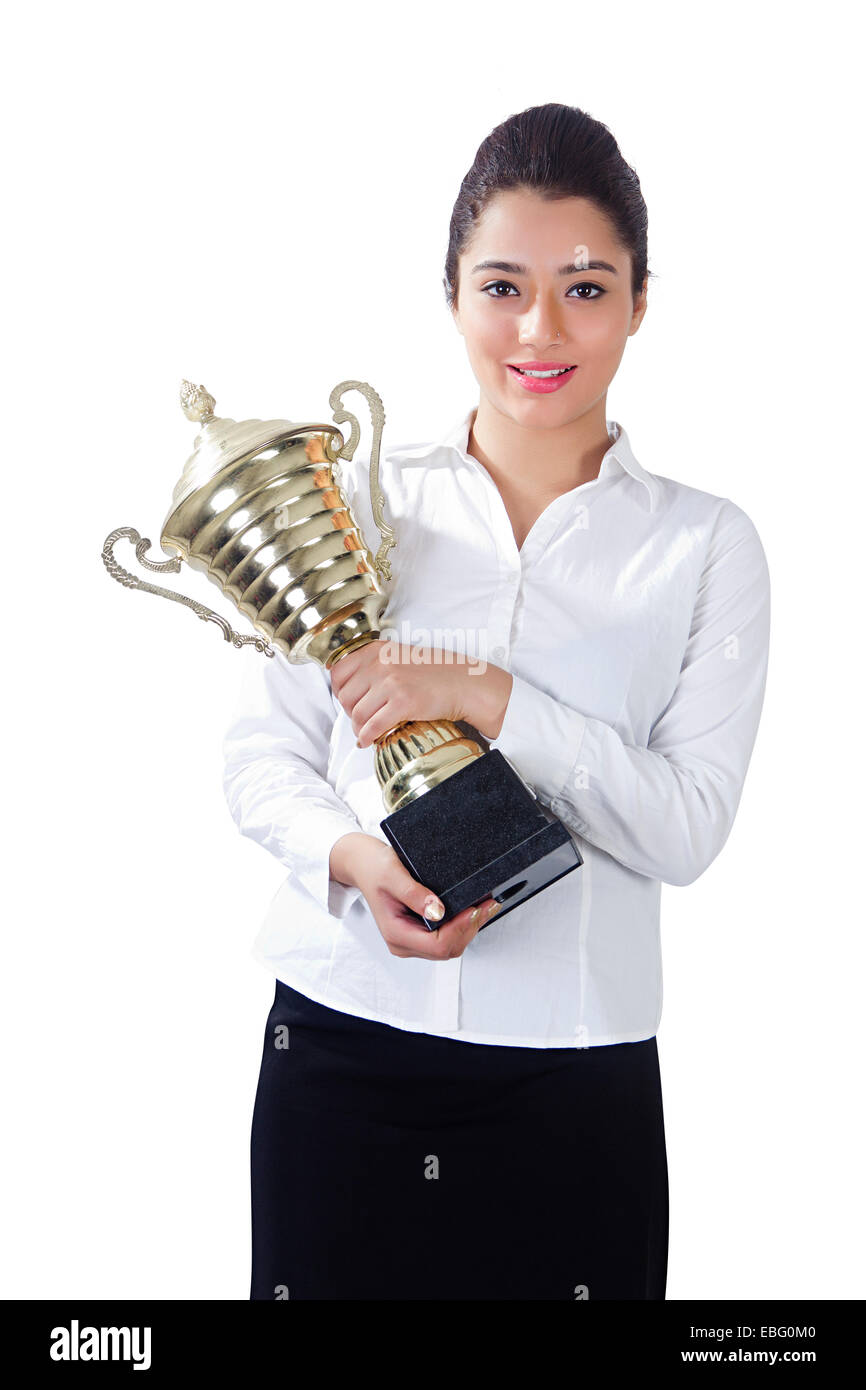 indian Business Woman Victory Trophy Award Stock Photo - Alamy