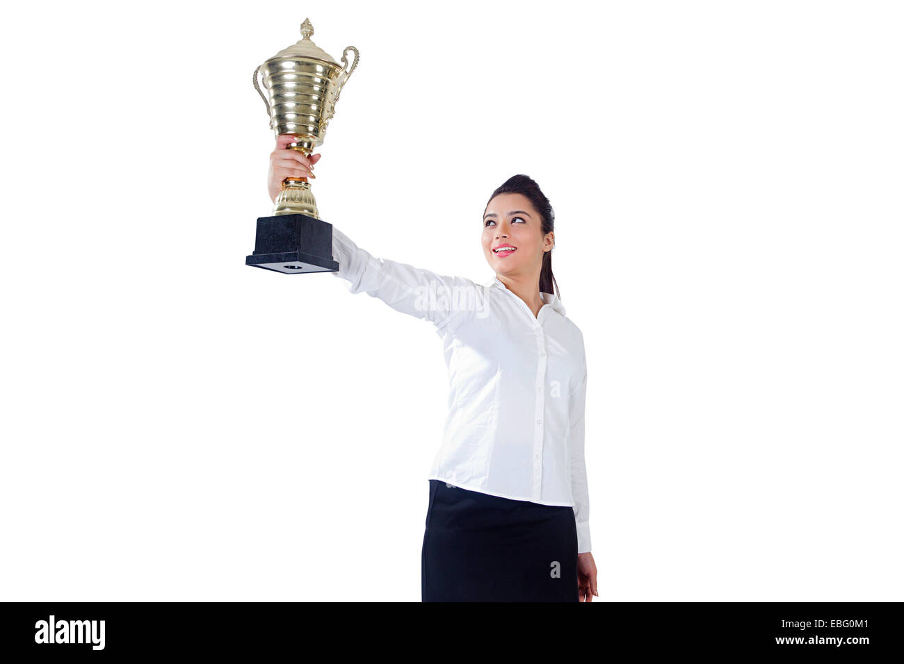indian Business Woman Victory Trophy Award Stock Photo - Alamy