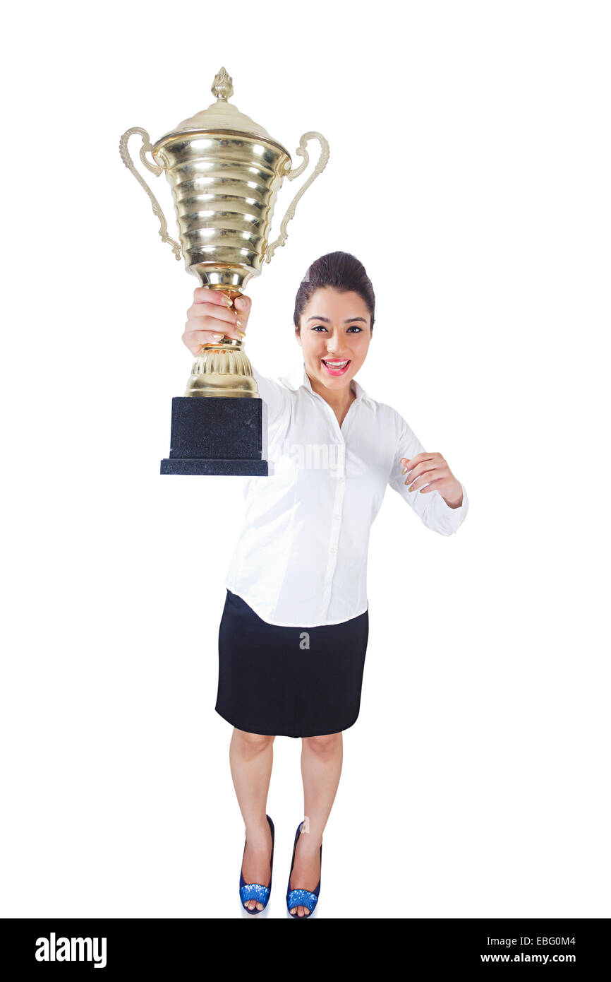 indian Business Woman Victory Trophy Award Stock Photo - Alamy