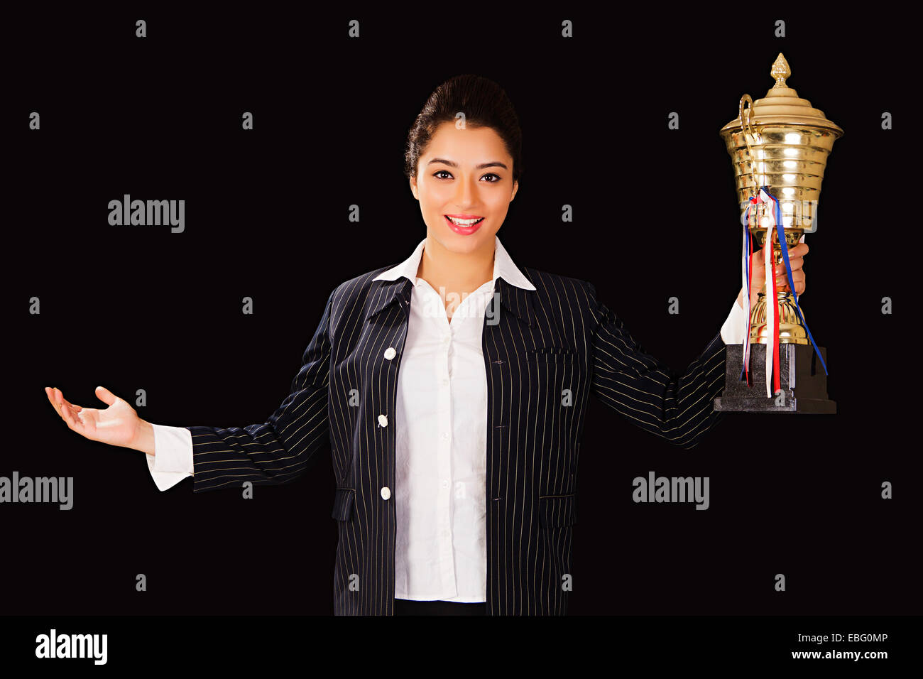 indian Business Woman Victory Trophy Award Stock Photo - Alamy