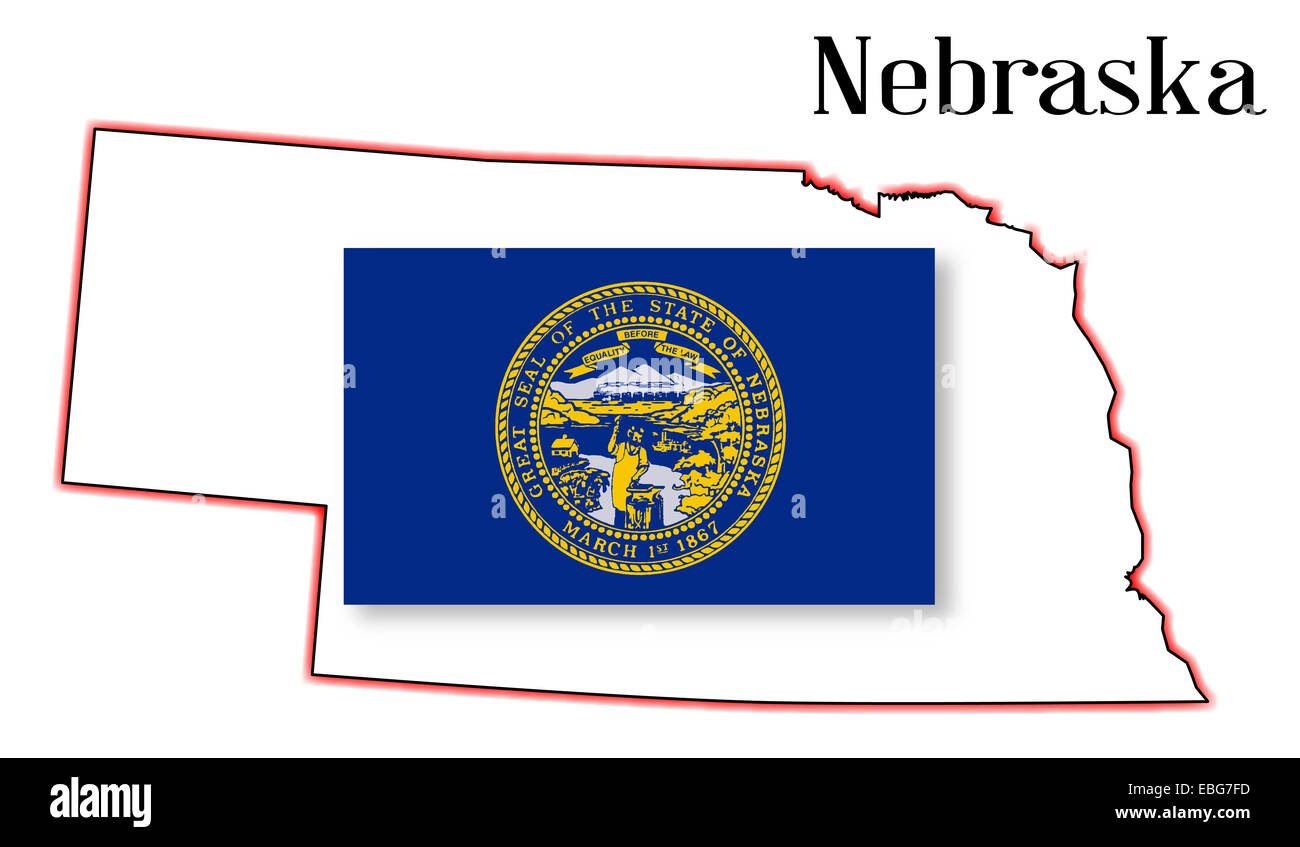 Outline of the US state of Nebraska over a white background with flag ...