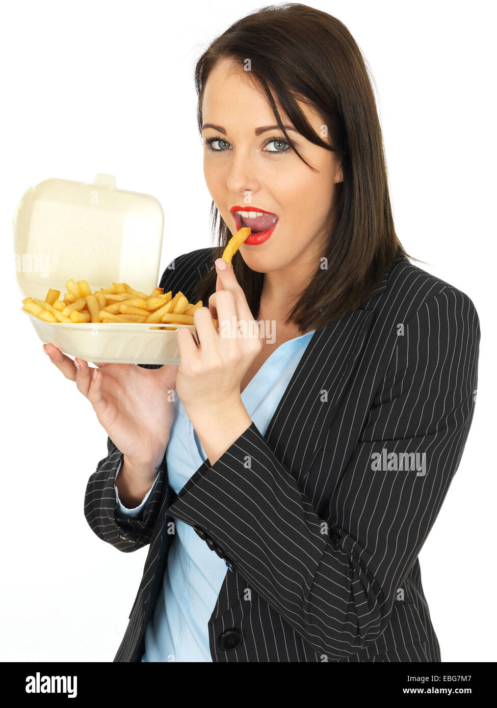 Attractive Business Woman Eating Take Away Chips Stock Photo - Alamy