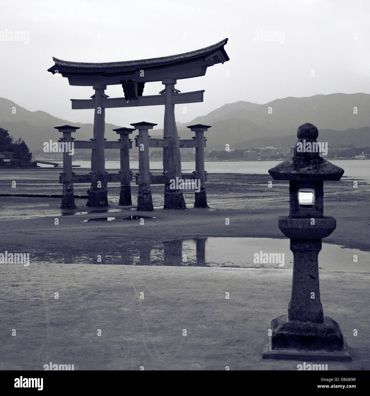 Colorized picture of floating gate O-Torii during low tide on Miyajima ...