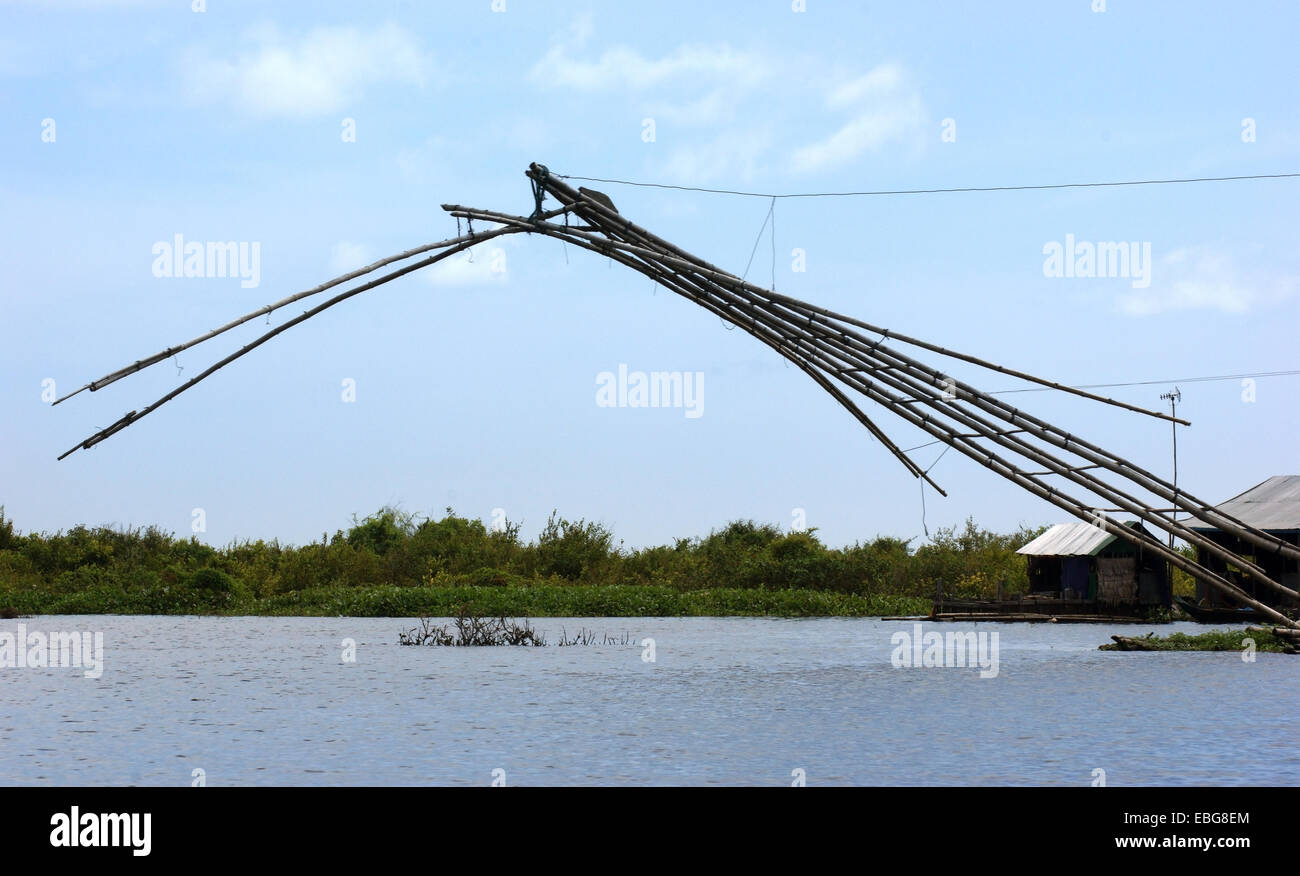 waterside scenery with rural fishing equipment at the Tonle Sap, a ...