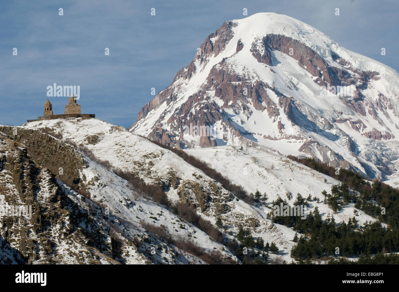 These are Greater Caucasus mountains in winter. Gergeti Trinity Church ...