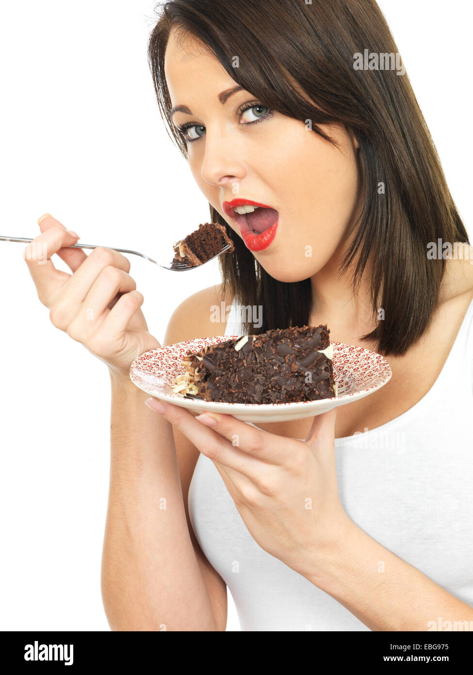 Attractive Twenty Something Young Woman Eating Chocolate Cake Stock ...