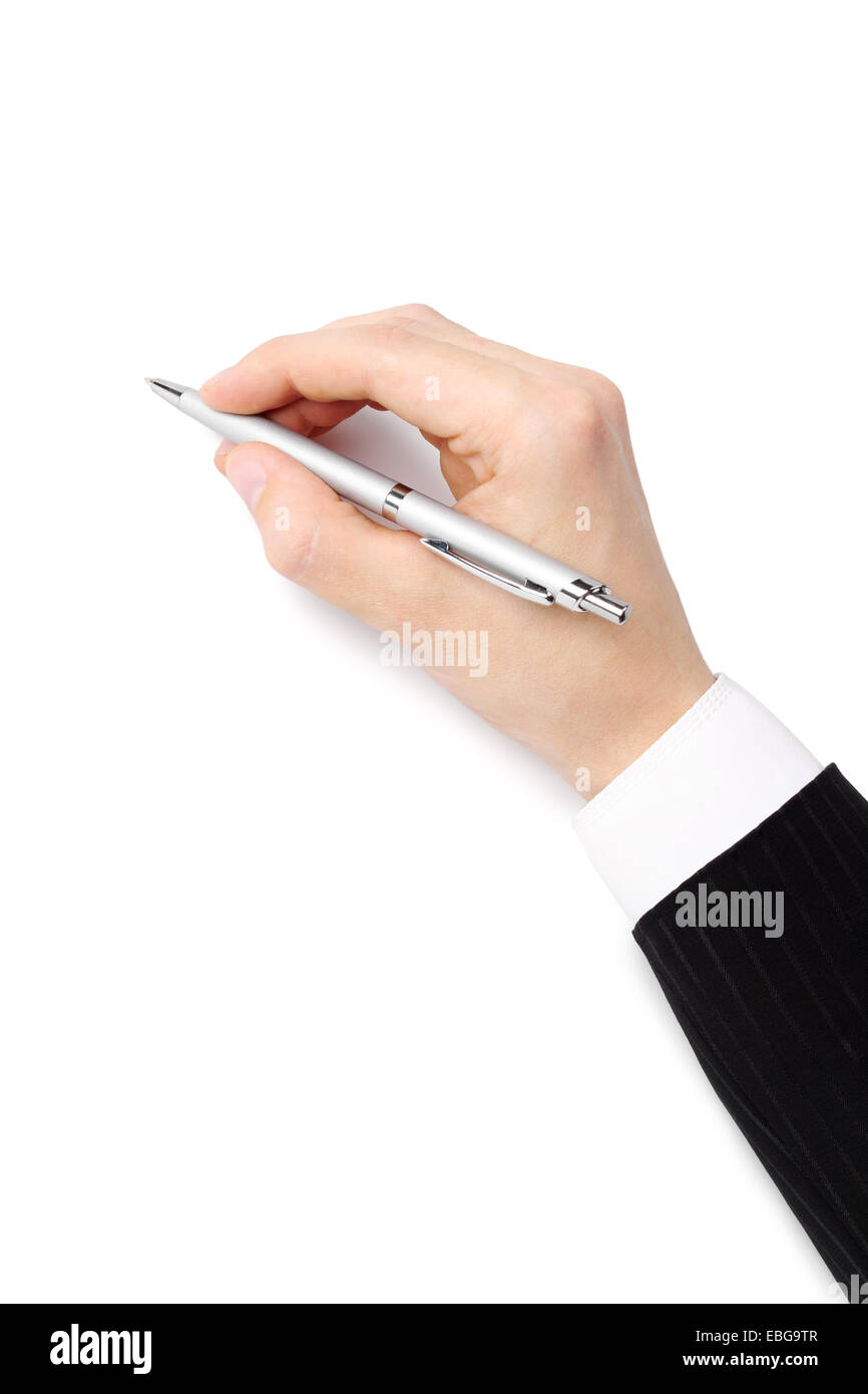 Man's hand with a ballpoint pen on a white background Stock Photo - Alamy