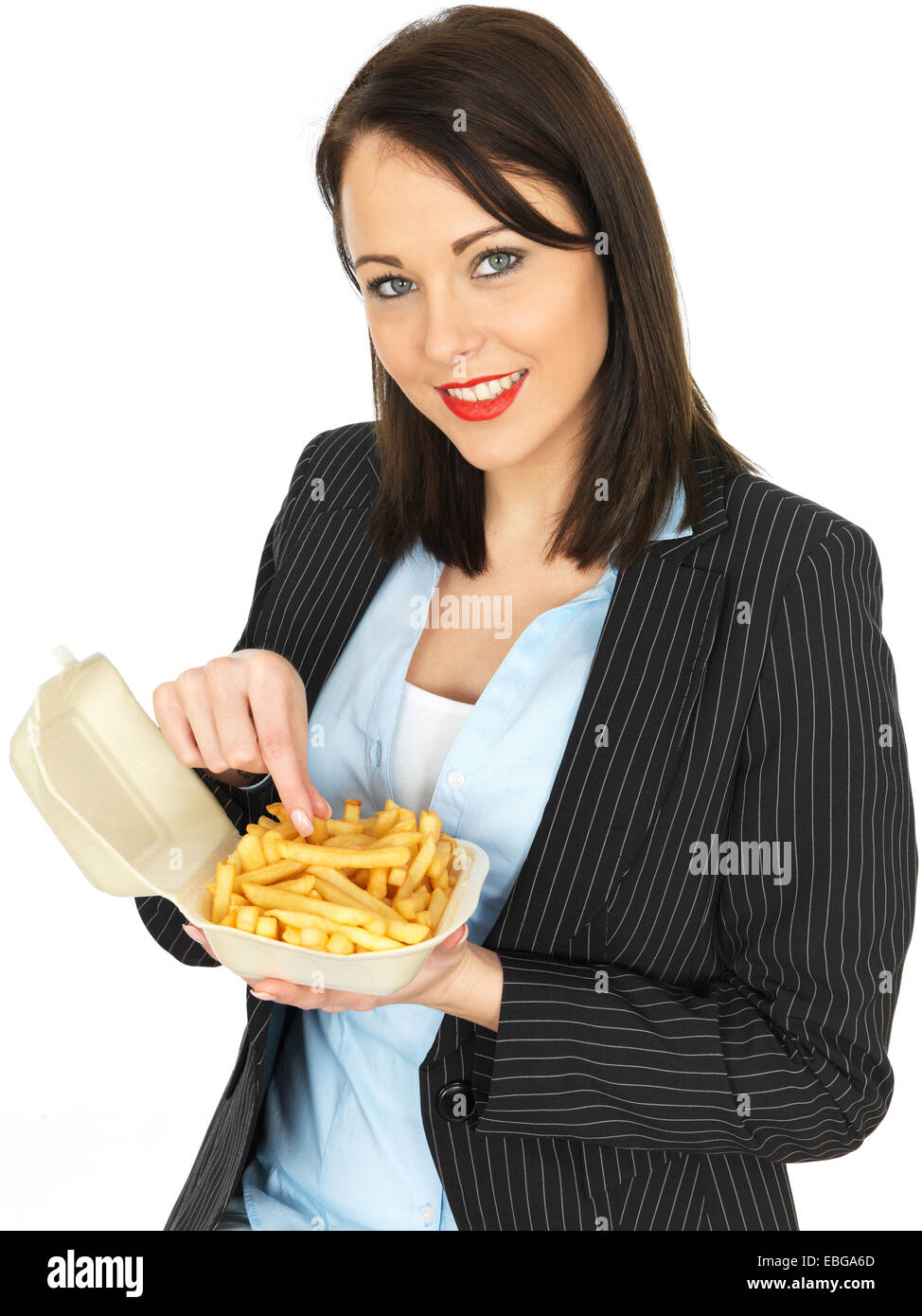 Attractive Business Woman Eating Take Away Chips Stock Photo - Alamy