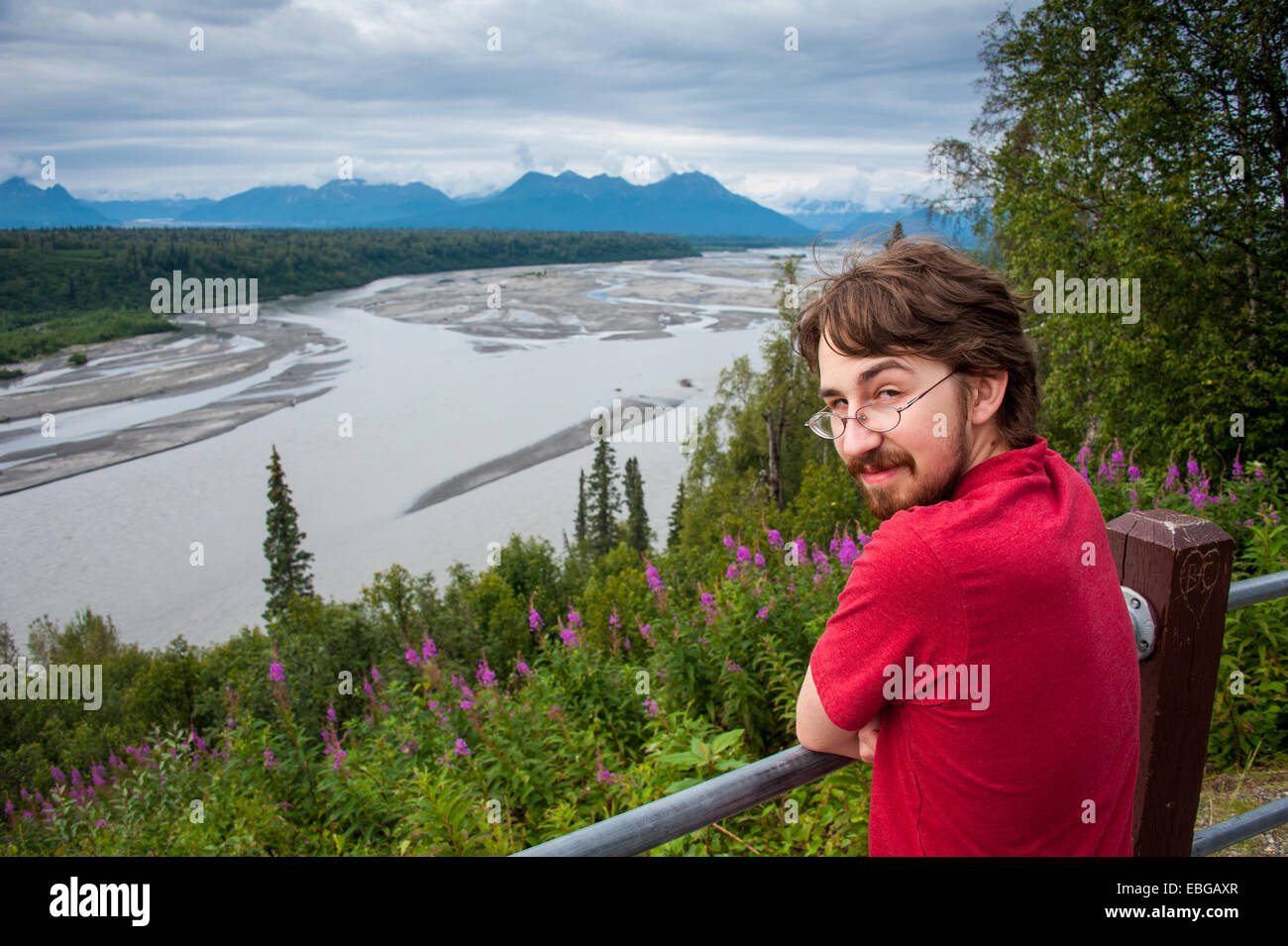 Overlook Boy in front of the Susitna River off of Parks Highway, Alaska ...