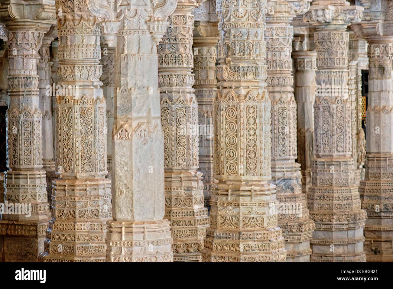 Interior hall with ornate pillars, marble temple, temple of the Jain ...