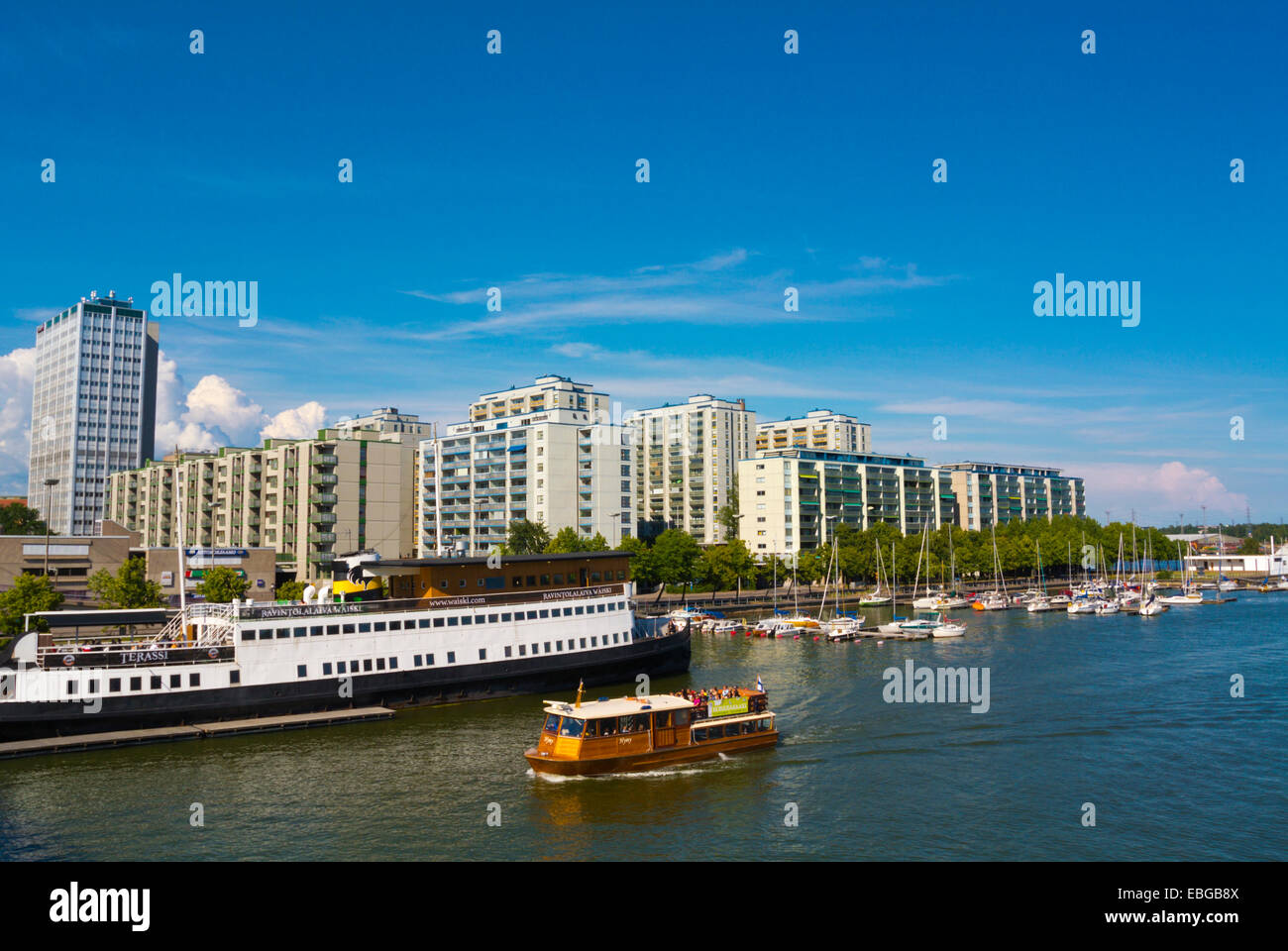 Boats in front of Hakaniemi market square and Merihaka suburb, Helsinki ...