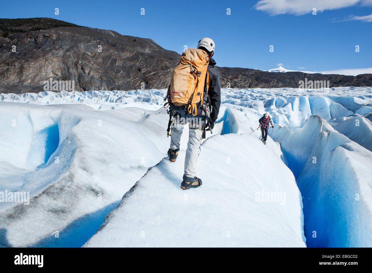 Ice climbers on Grey Glacier, rope team, Torres del Paine National Park ...