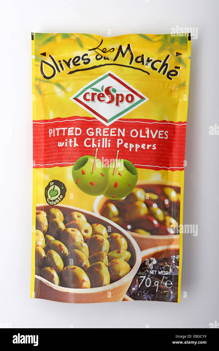 Crespo pitted green olives with chilli peppers in re sealable packet ...