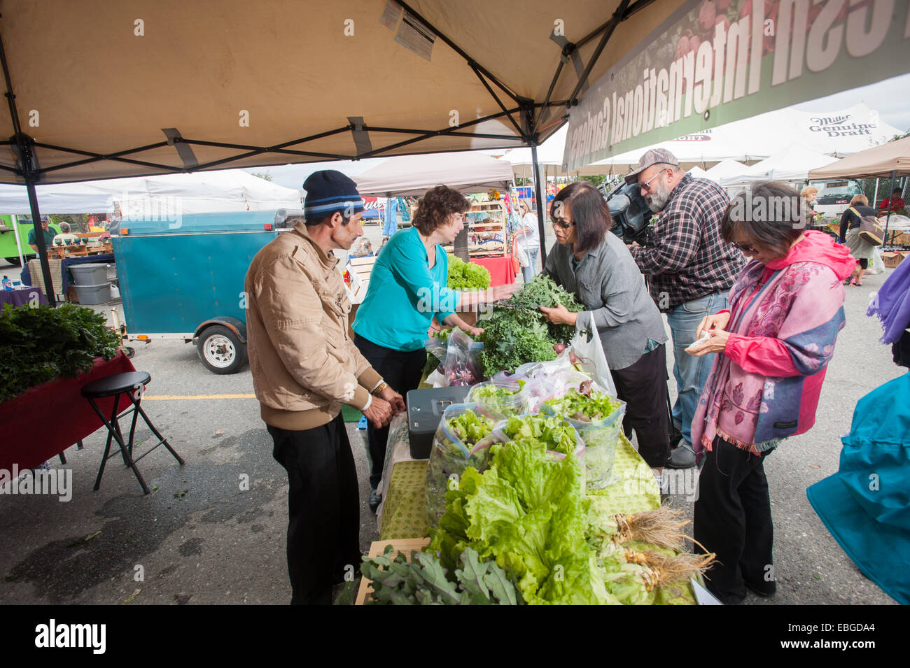 Fresh vegetable booth at a farmers market Stock Photo - Alamy