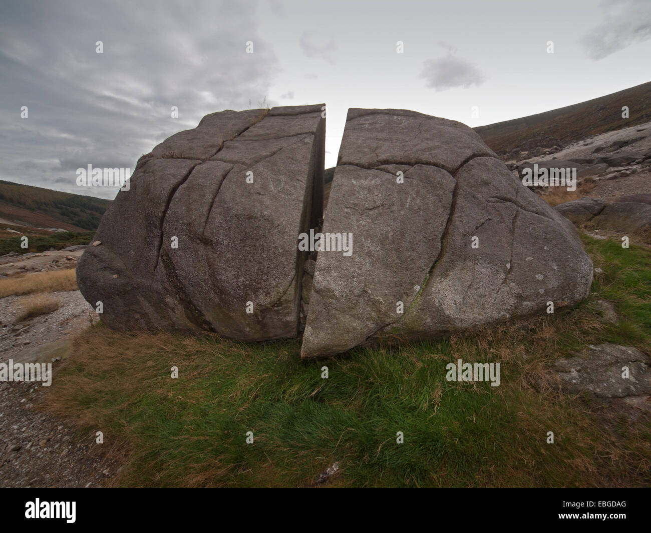 A huge boulder split in two, in the mountains of County Wicklow ...