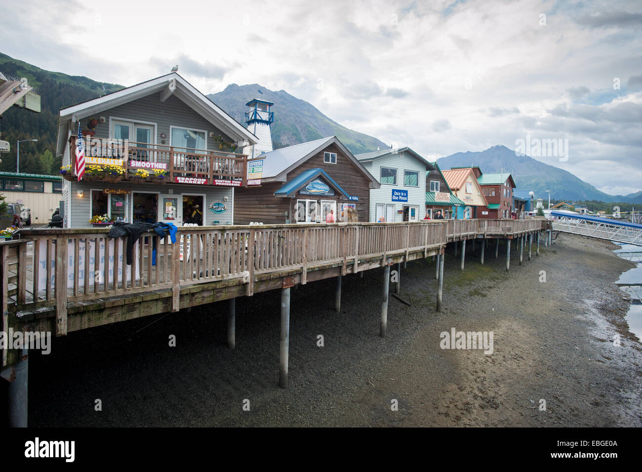 Shops and guide services in a port town of Seward, Alaska Stock Photo ...