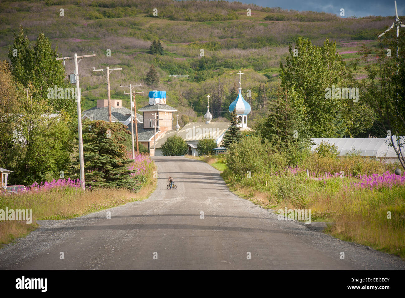 Boy riding bicycle across the street in the Alaskan town of Nikolaevsk ...